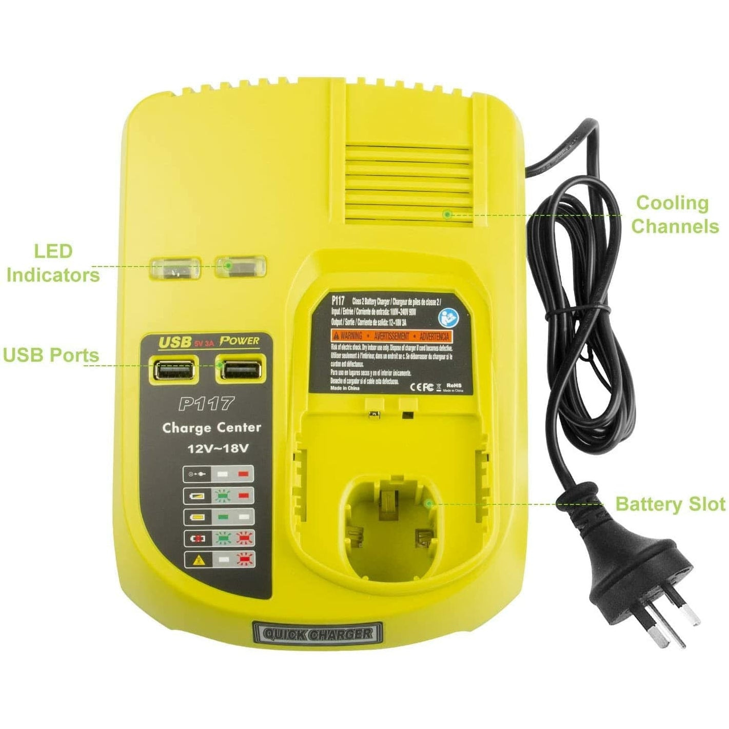 Ryobi One Plus Battery Charger P117 Replacement | 18V-12V Dual Chemist ...